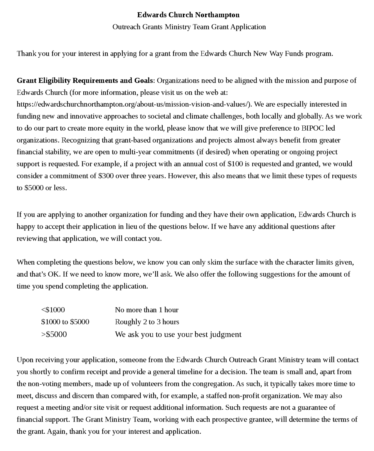 Outreach Grant Application – Edwards Church of Northampton